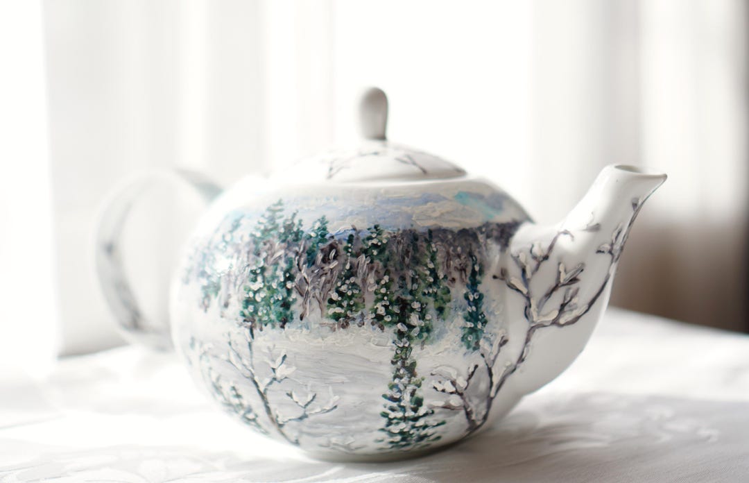 Large Canadian Art Teapot, Hand Painted Winter Lake Porcelain Tea Pot ...