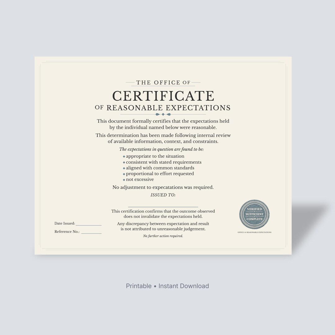 Certificate of Reasonable Expectations – Funny Printable Validation ...