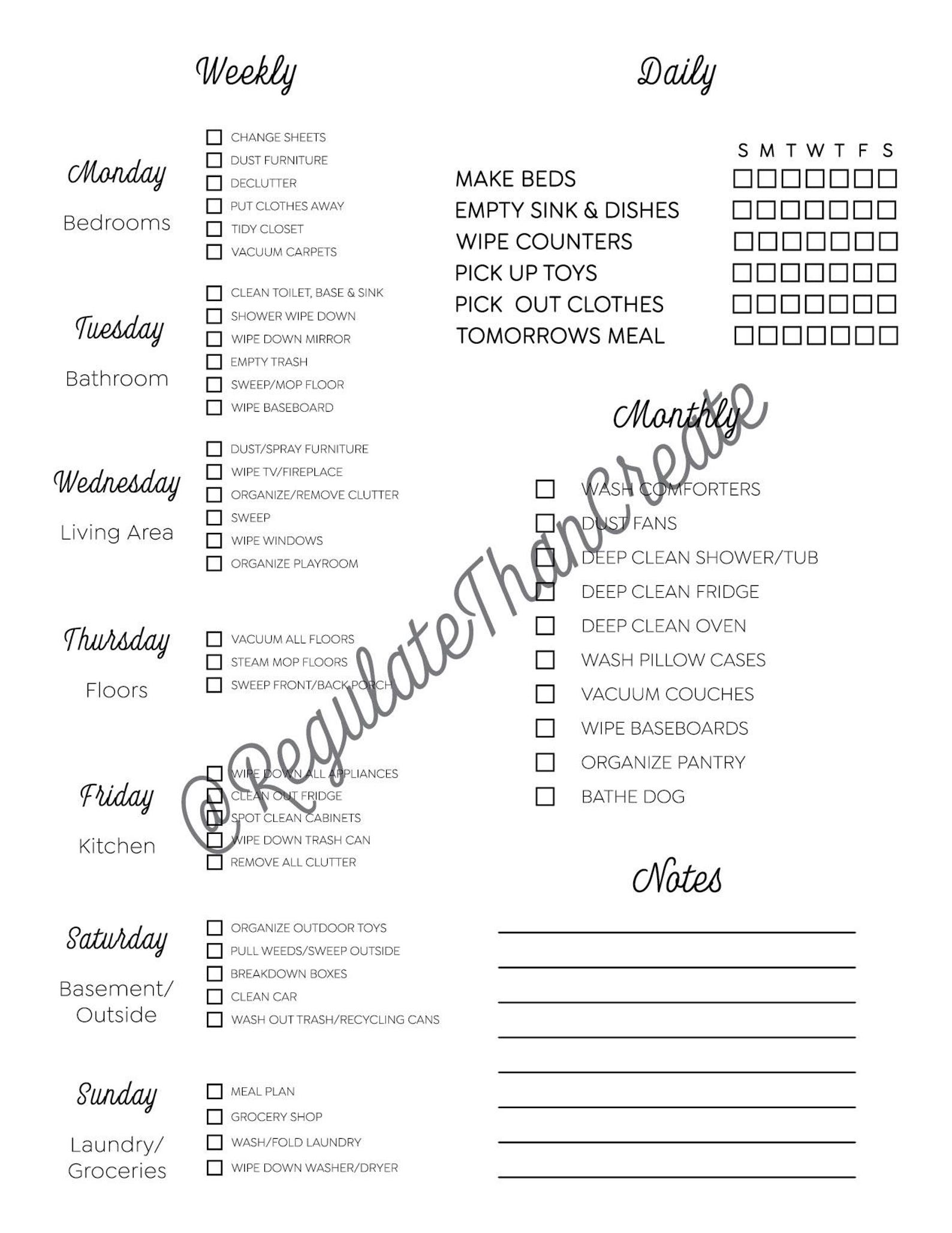Printable Monthly Cleaning Checklist | Weekly & Daily Home Reset ...