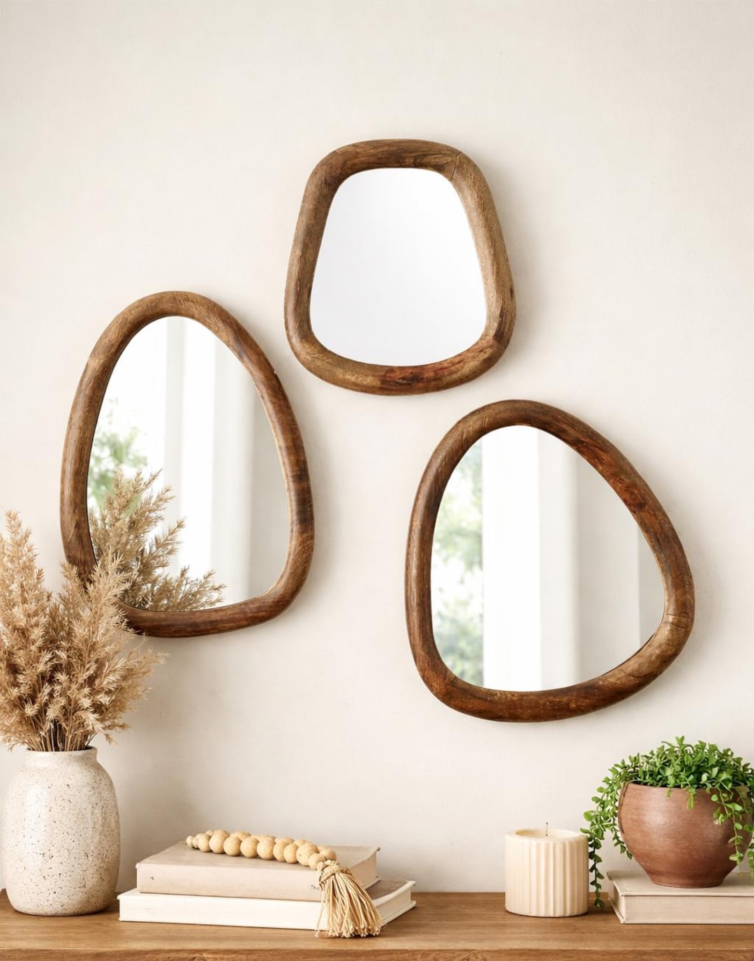 Asymmetrical Wood Wall Mirror Set - Organic Shape Rustic Decor ...