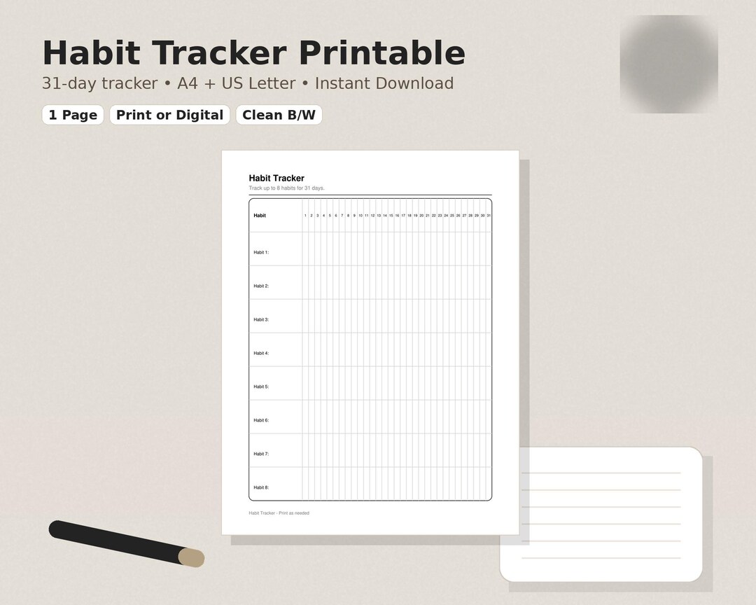 31 Day Habit Tracker Printable | A4 US Letter (PDF Download) - Etsy
