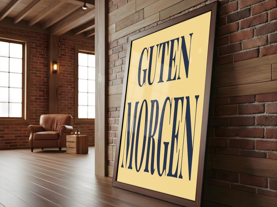 Guten Morgen German Print, Midnight Blue Gold, Modern Bedroom Decor ...