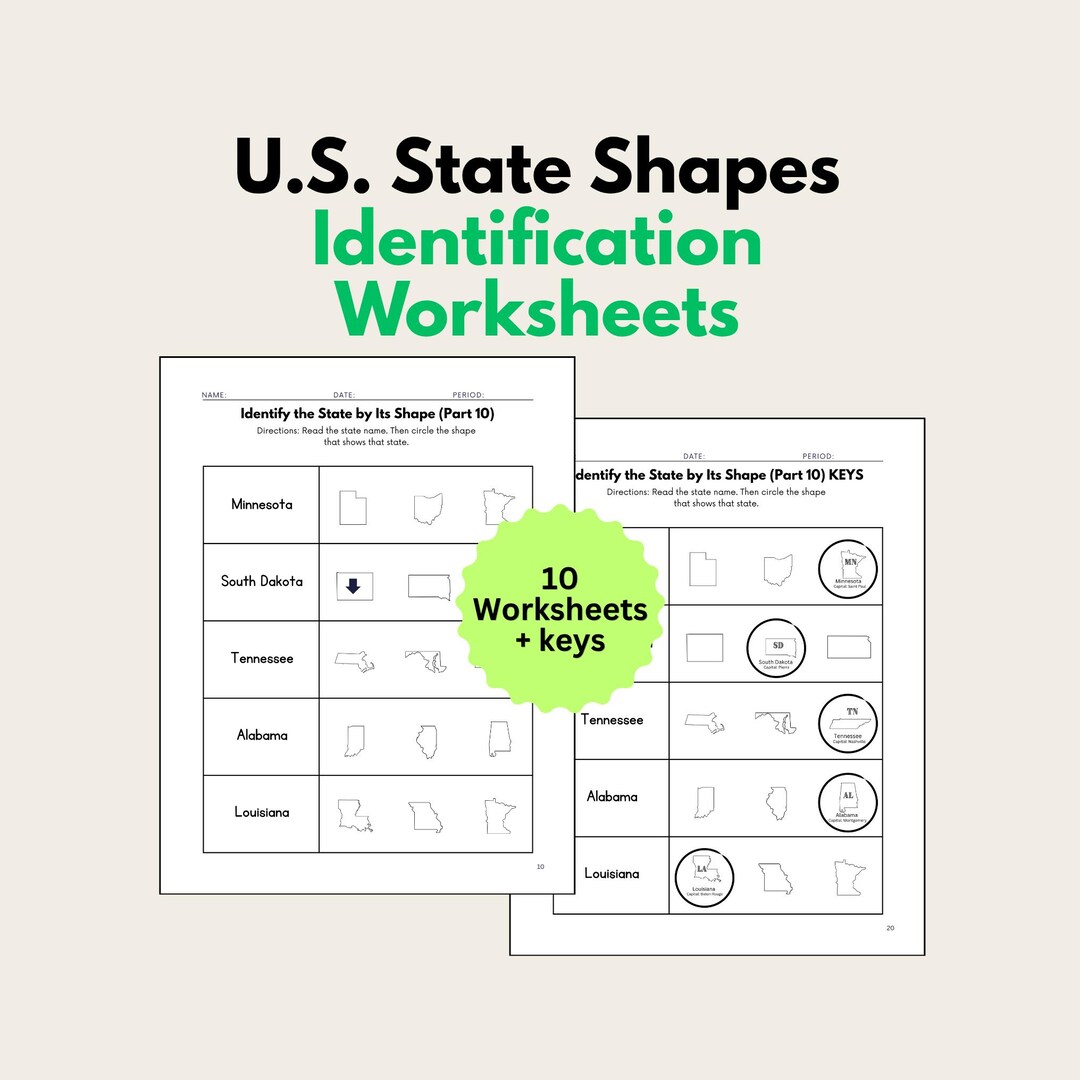 US States Shapes Learning Worksheets - Etsy