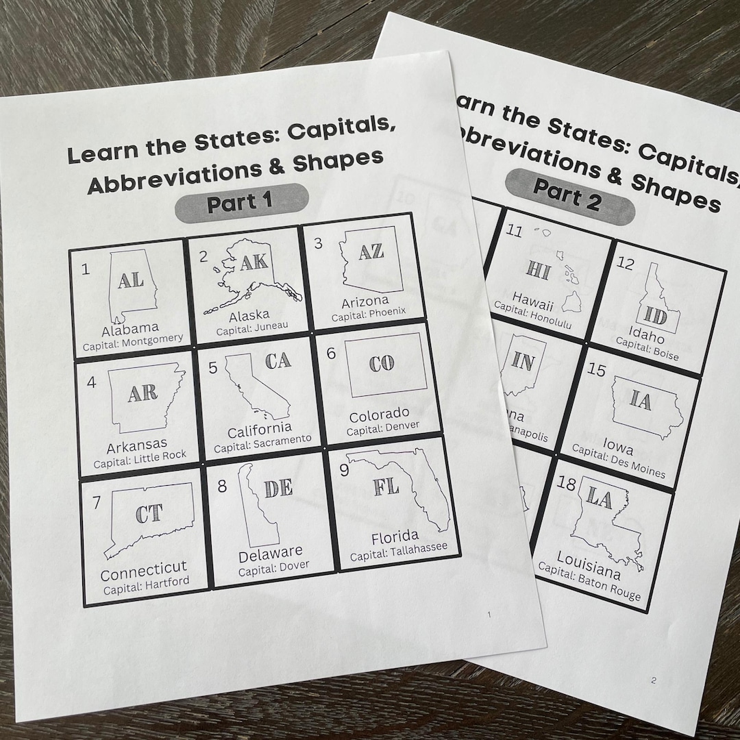 US States Capitals Abbreviations Shapes Geography Chart (PDF Download ...