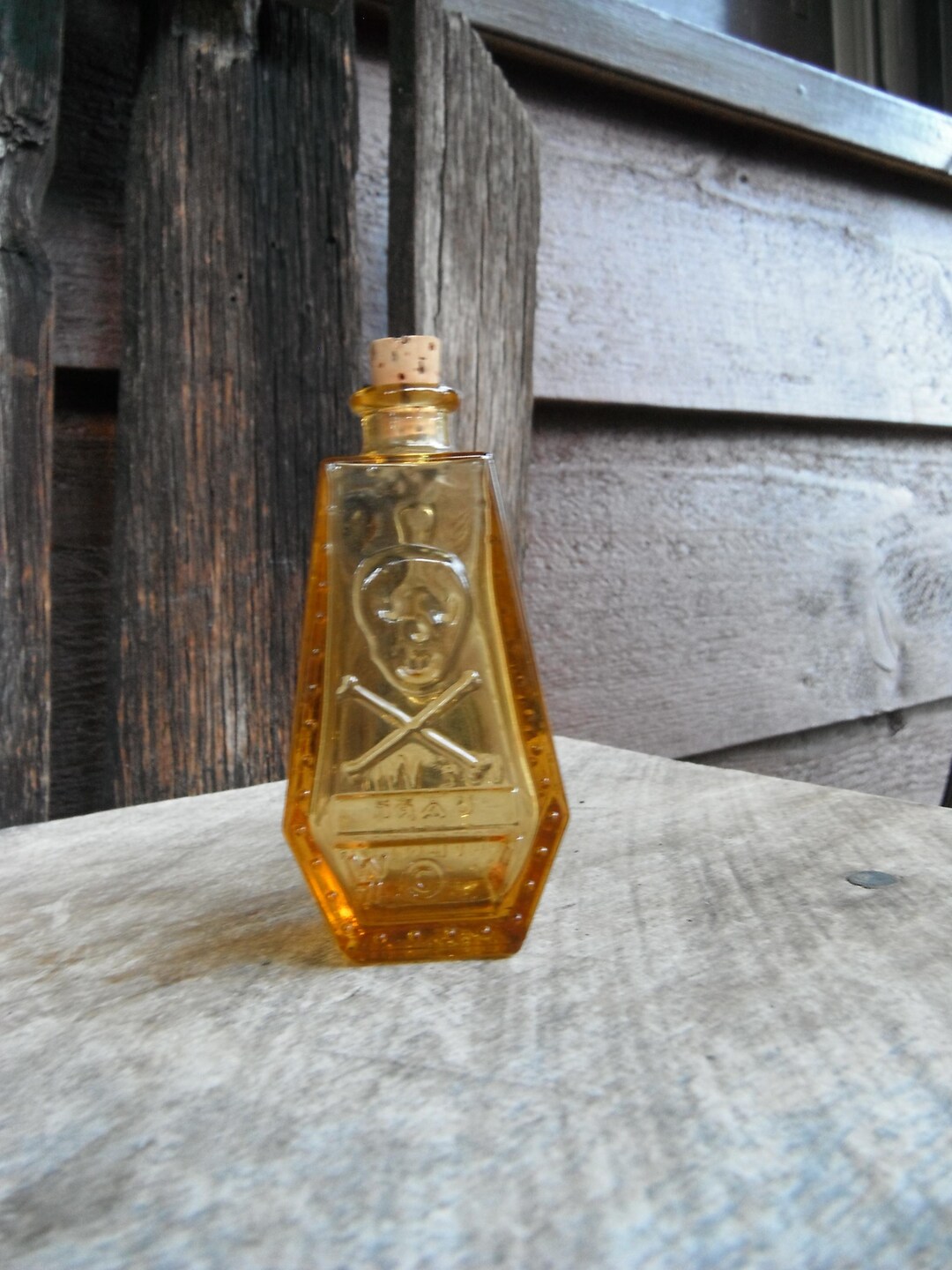 1970's Vintage Wheaton Gold Amber Coffin Glass Bottle With Cork Skull ...