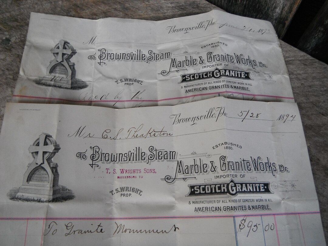 Antique 1890's Gothic Bill Heads Headstones Monuments Brownsville Steam ...