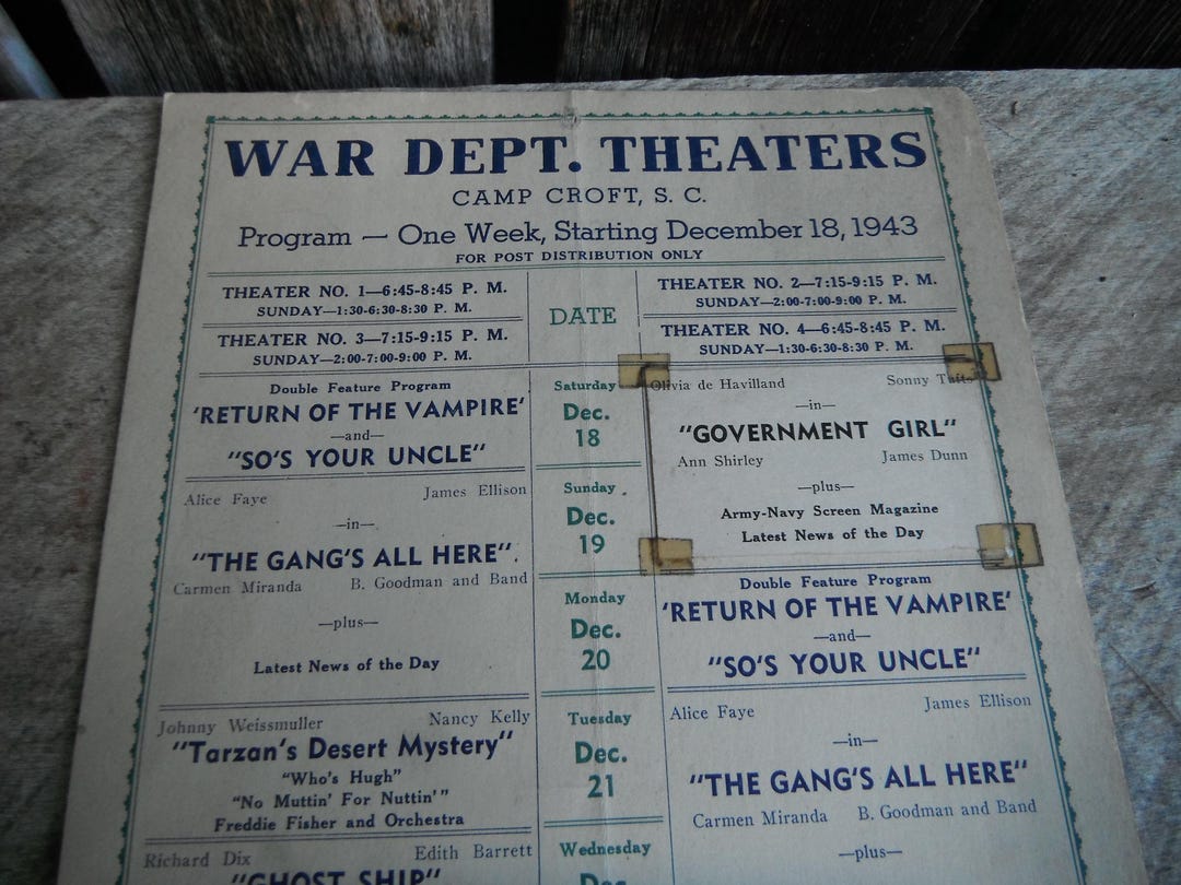 1943 War Dept. Theaters - Camp Croft SC - Movie Poster - Weekly ...