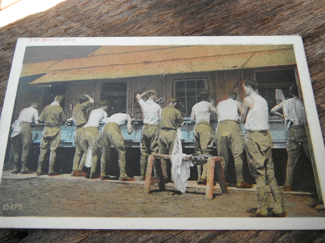 Antique WWI Era Colorized Military Postcard - the Beauty Shop - Shave ...