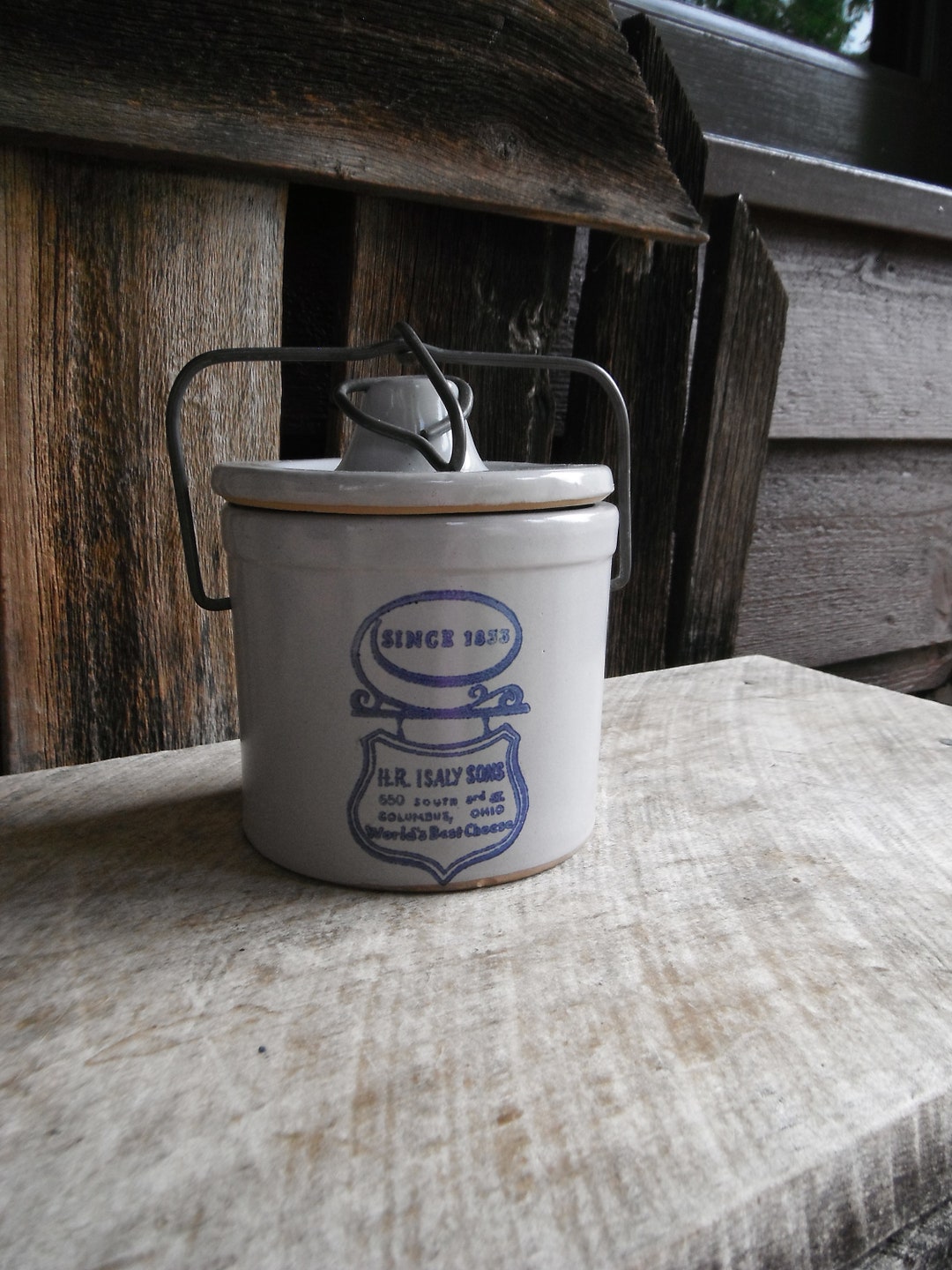Vintage Advertising Stoneware Cheese Crock With Lid and Wire Bail - H.R ...