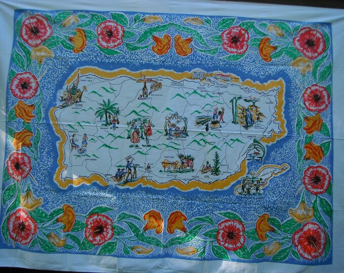 Vintage Puerto Rico Souvenir Tablecloth - Rectangular 46" X 66" - Etsy