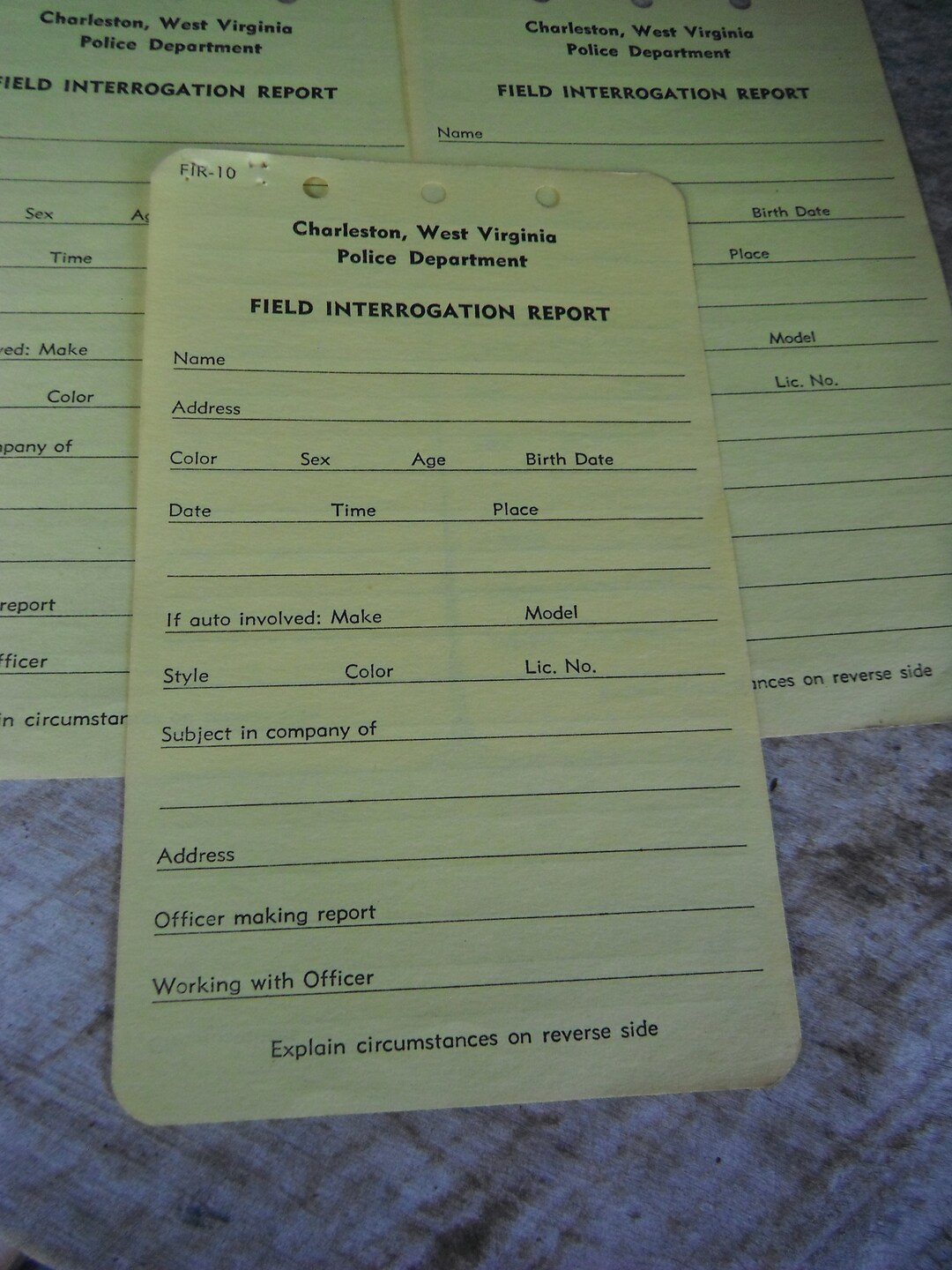 Vintage Ephemera Charleston WV Police Dept. Field Interrogation Report ...