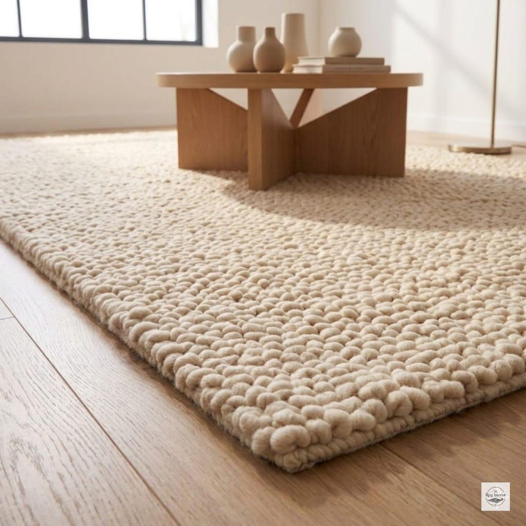 Chunky Wool Rug Thick Plush Wool Pebble Handwoven Cream Area Rug for ...