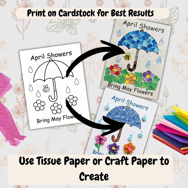 Spring Torn Paper Craft Printable, April Showers May Flowers Kids ...
