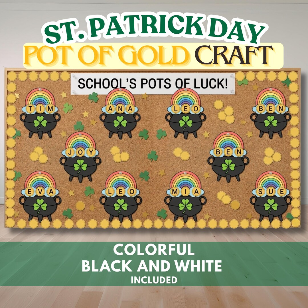 St Patrick’s Day Pot of Gold Name Craft, Rainbow Bulletin Board ...