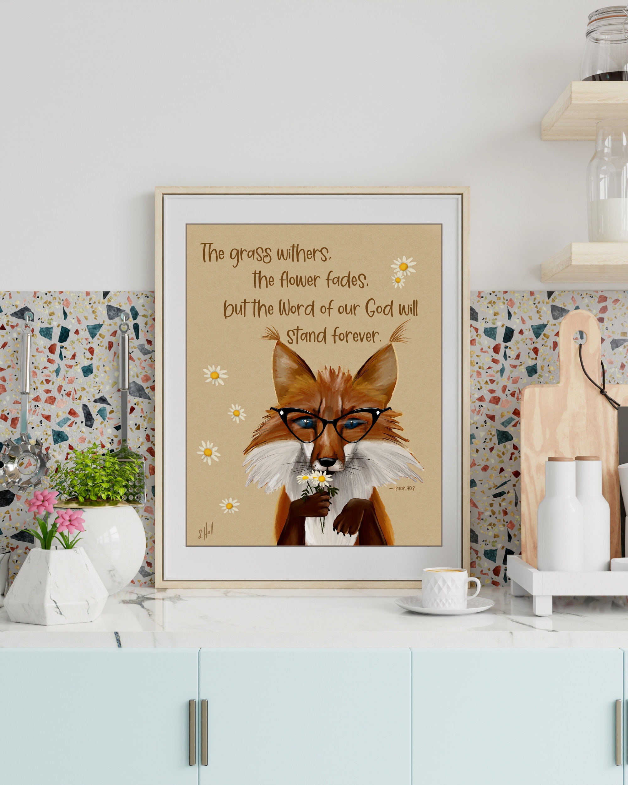 Digital Download Art Print - Fox in Cat Glasses With Daisies - Isaiah ...