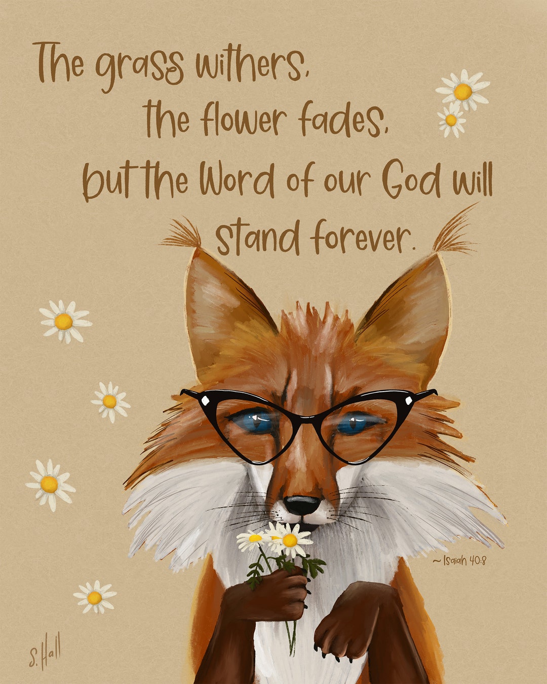Digital Download Art Print - Fox in Cat Glasses With Daisies - Isaiah ...