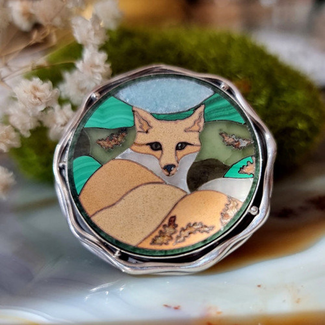 Pietra Dura Ring Fox Stone Mosaic Statement Sterling Silver Jewelry ...