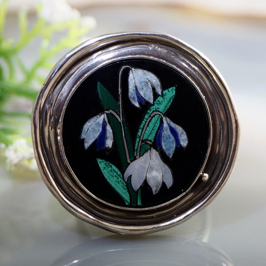 Pietra Dura Stone Mosaic Ring Snowdrop Flower Sterling Silver Jewelry ...