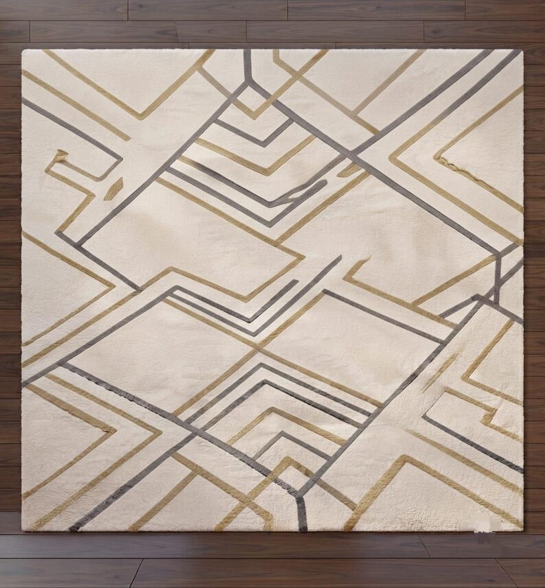 Hand-tufted Geometric Wool Area Rug – Modern Ivory, Gold, Grey Carpet ...