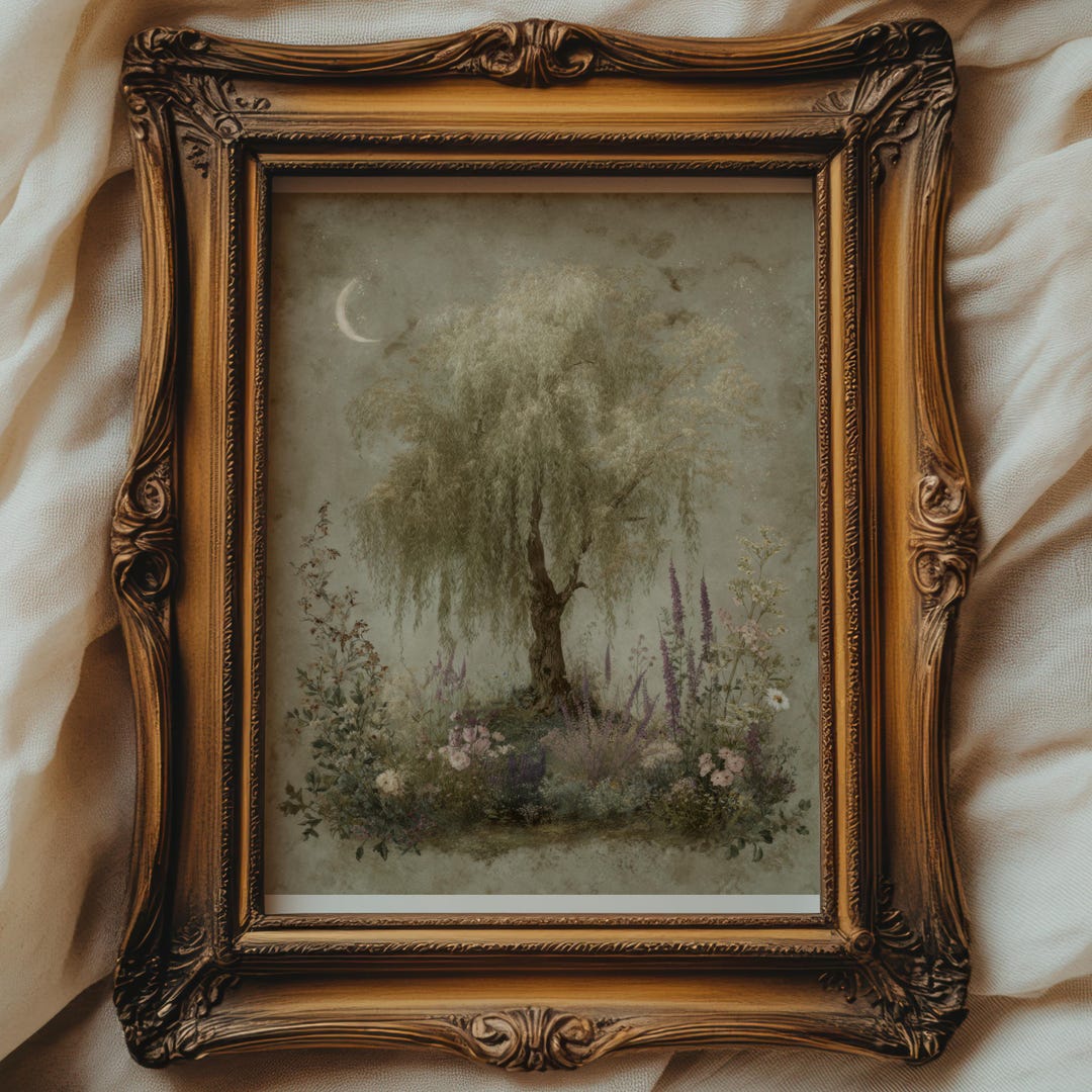 Willow Tree Print, Crescent Moon, Floral Garden, Dreamy Landscape Art ...