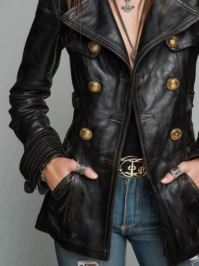 Women’s Genuine Lambskin Leather Jacket Double-breasted Black Vintage ...