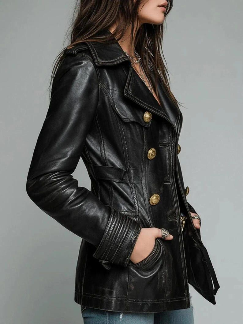 Women’s Genuine Lambskin Leather Jacket Double-breasted Black Vintage ...