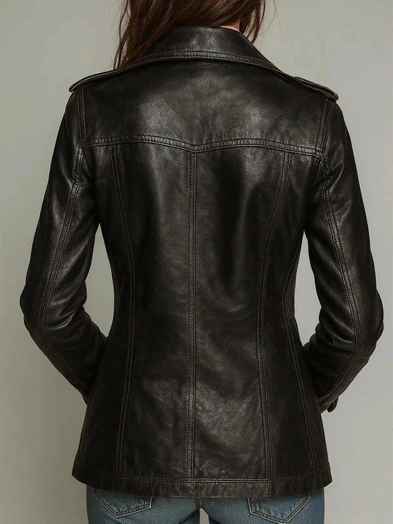 Women’s Genuine Lambskin Leather Jacket Double-breasted Black Vintage ...