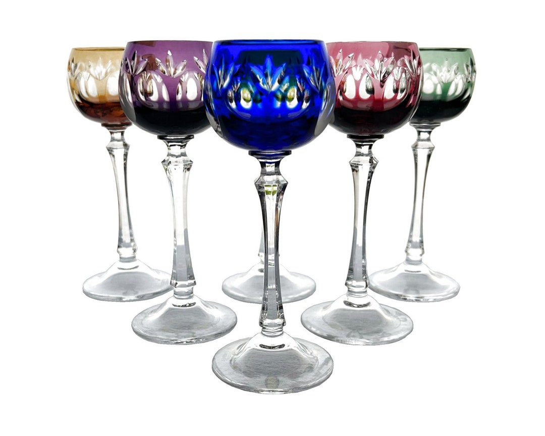 Complete Set of 6 RAINBOW HARLEQUIN Tall Cordial Glasses Cut-to-clear ...