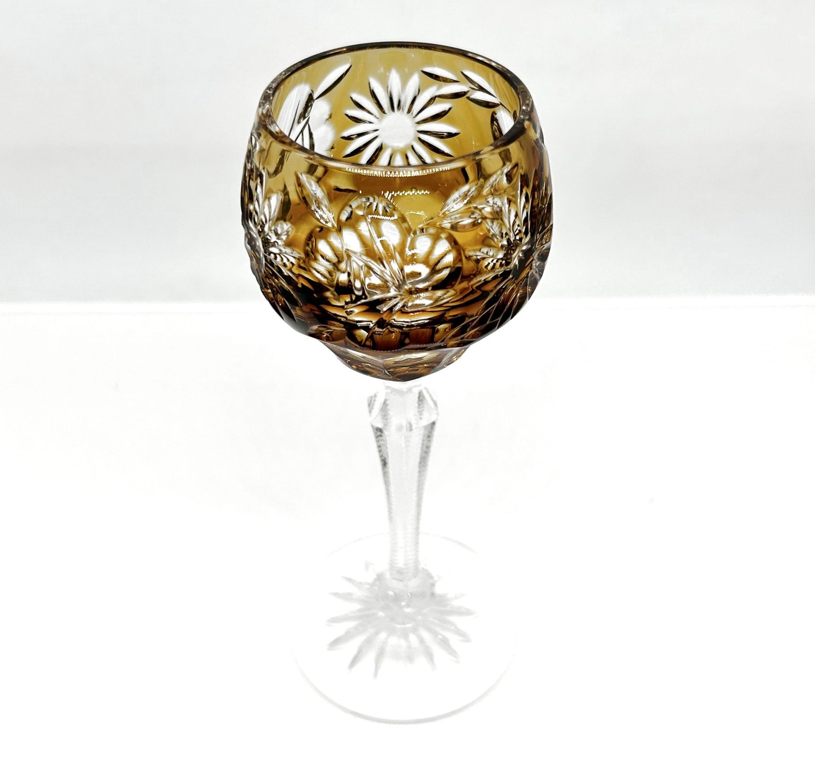 Vintage GOLDEN HONEY AMBER Tall Cordial Glass Goblet Hock Cut-to-clear ...