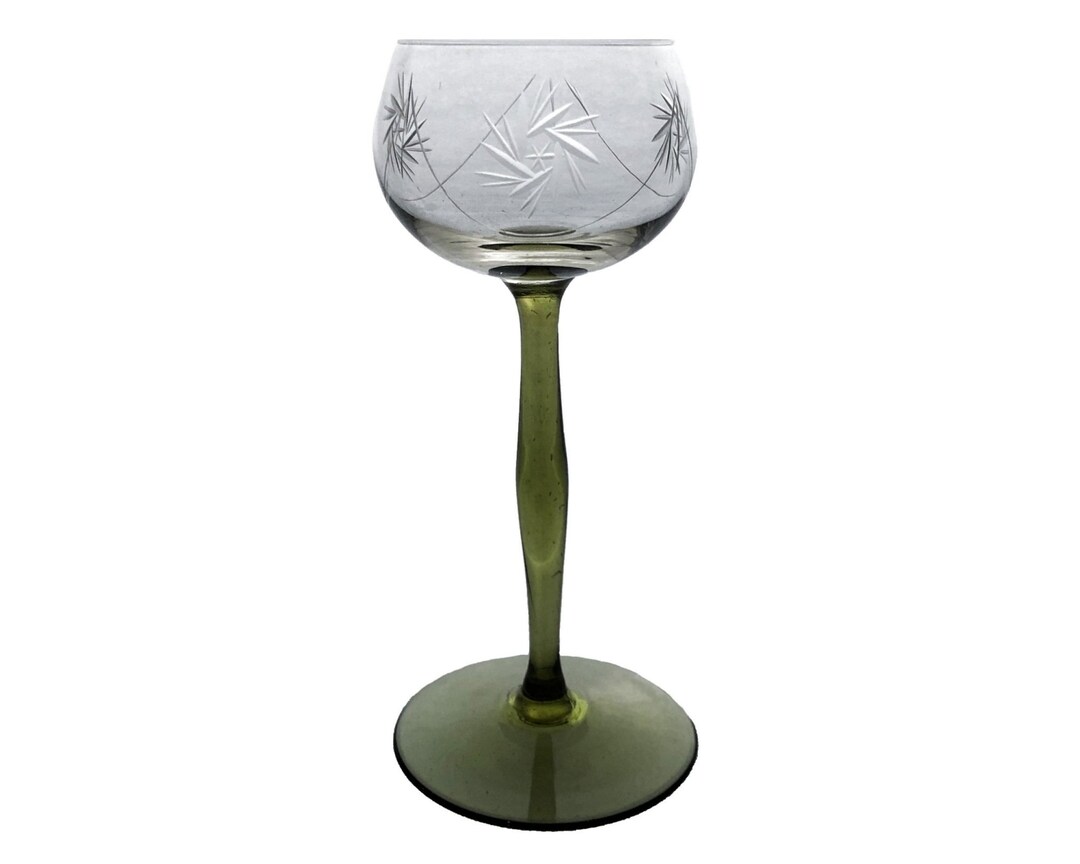 Antique CLEAR & OLIVE GREEN Traditional Wine Goblet Hock Glass Cut 24% ...
