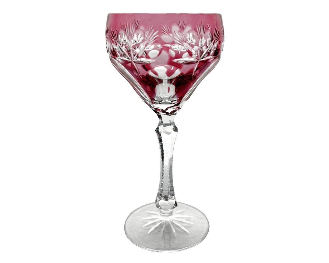 Vintage CRANBERRY RED PINK Wine Glass Goblet Hock Cut-to-clear 24% Lead ...
