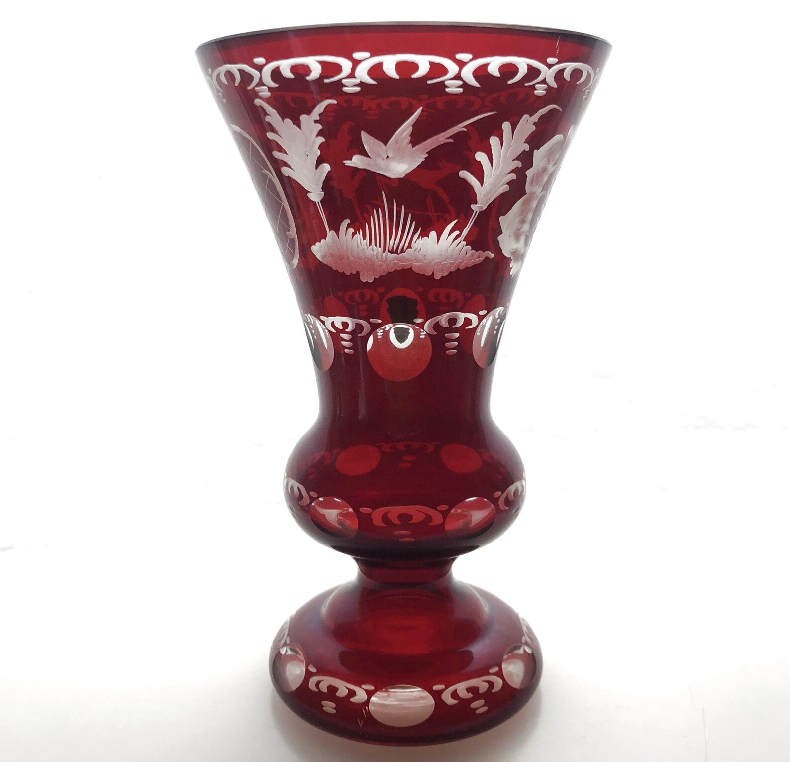 RUBY RED Stained Vase Glass Cut-to-clear CRYSTAL Bohemian German Deer ...