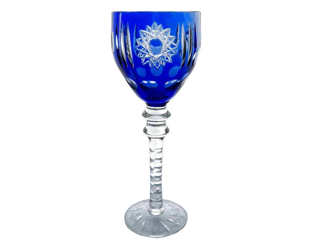 Rustic COBALT ROYAL BLUE Wine Glass Goblet Hock Cut-to-clear 24% Lead ...