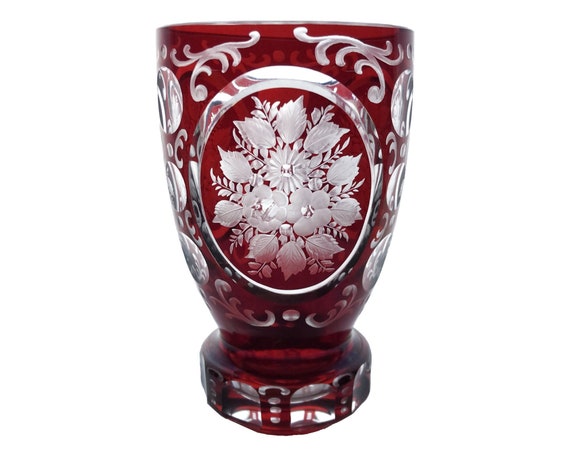 RUBY RED Stained Vase Chalice Cut-to-clear CRYSTAL Bohemian - Etsy
