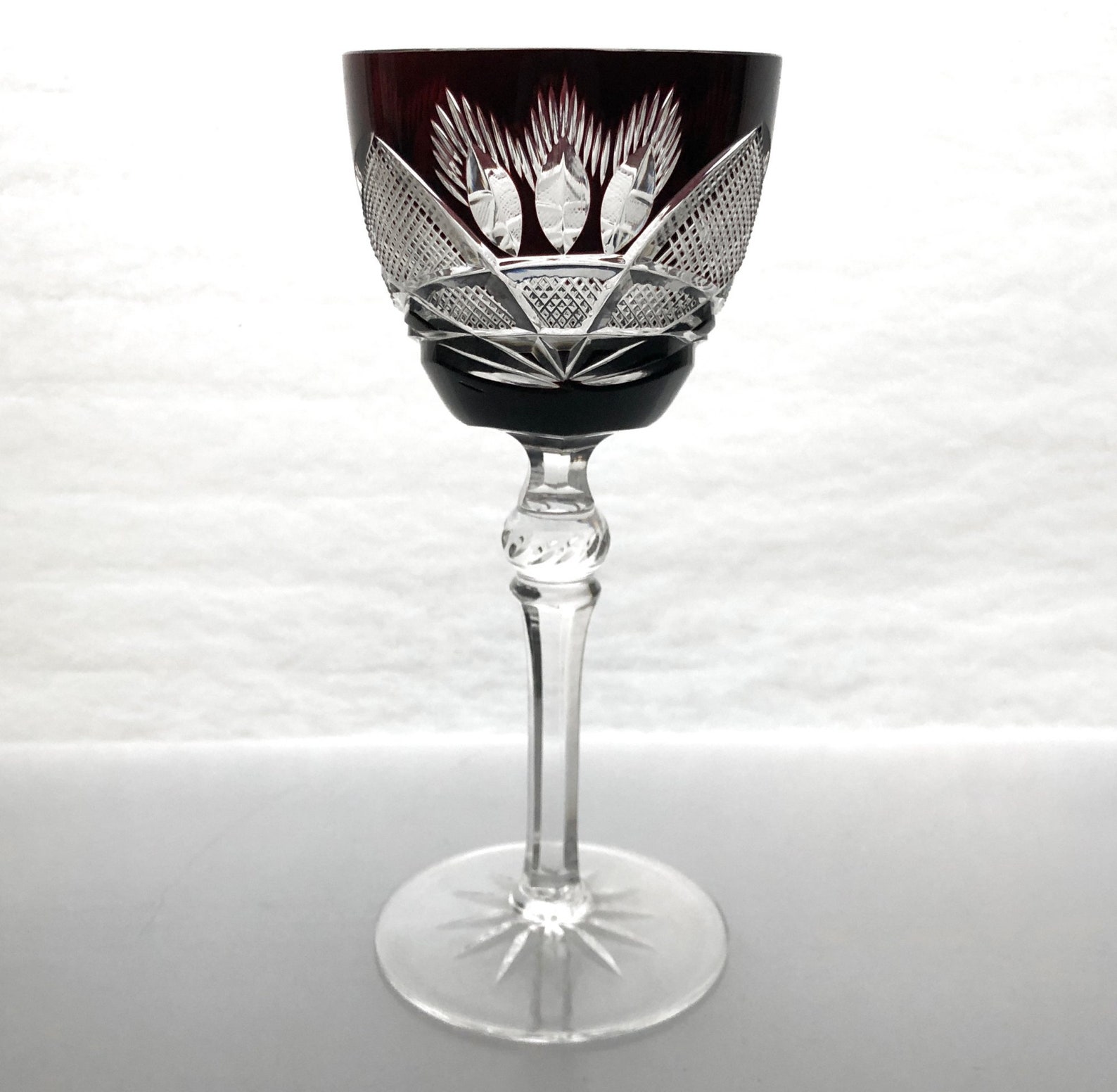 Vintage Deep RUBY RED Wine Goblet Glass Hock Cut-to-clear Full Lead 24% ...