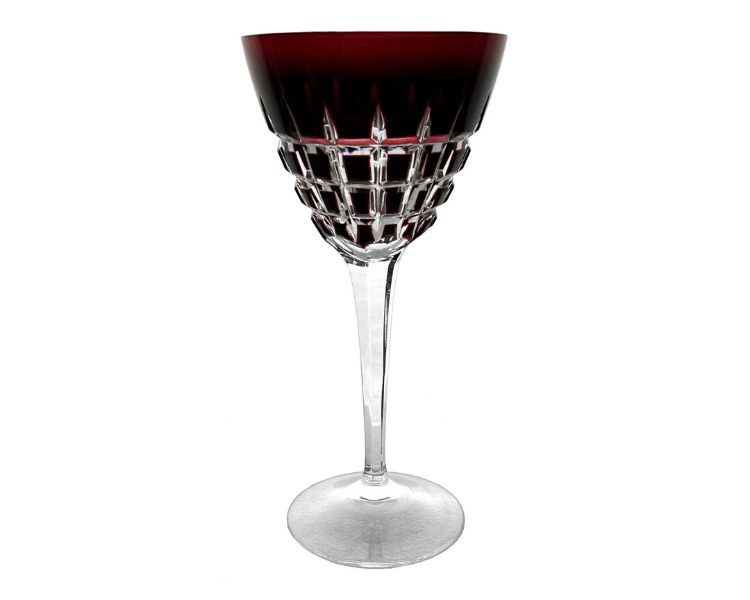 Vintage DEEP RUBY RED Wine Goblet Glass Hock Cut-to-clear 24% Lead ...