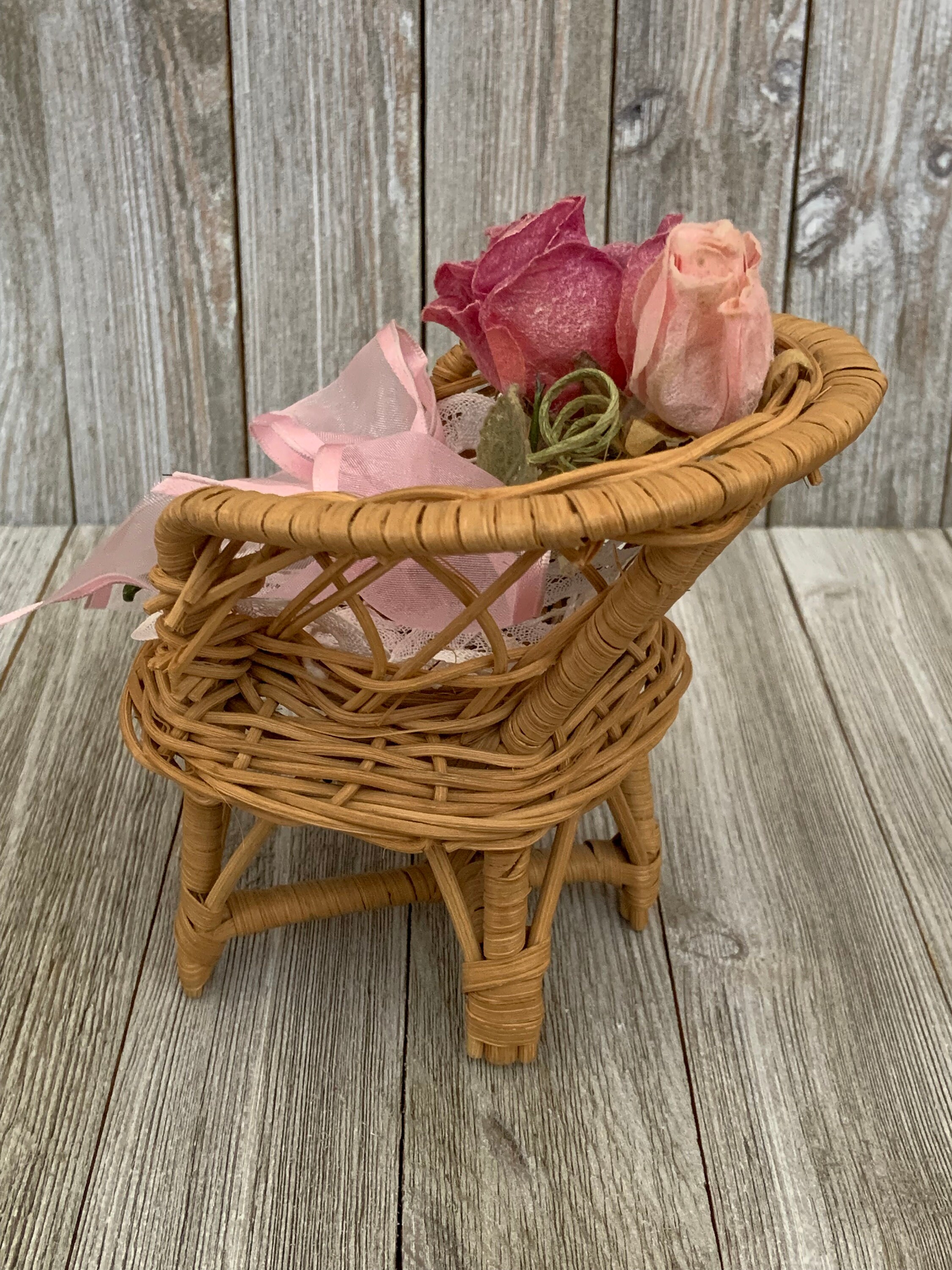Farmhouse/country Miniature Wicker Chair With Floral Accents - Etsy