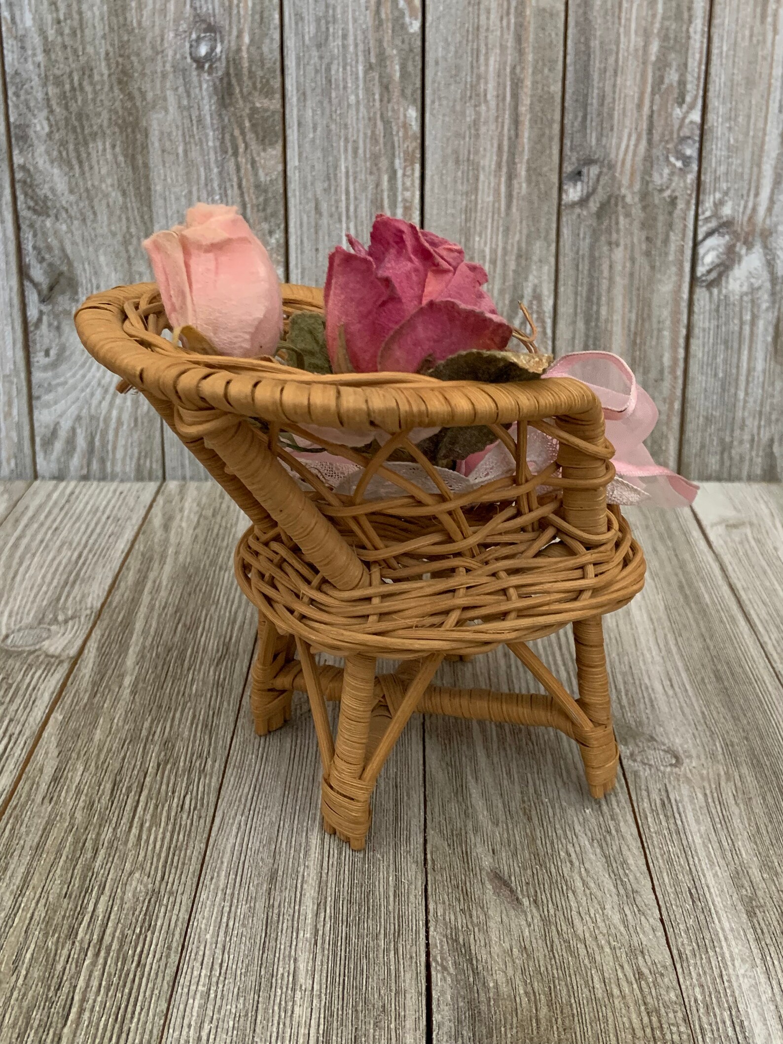 Farmhouse/country Miniature Wicker Chair With Floral Accents - Etsy