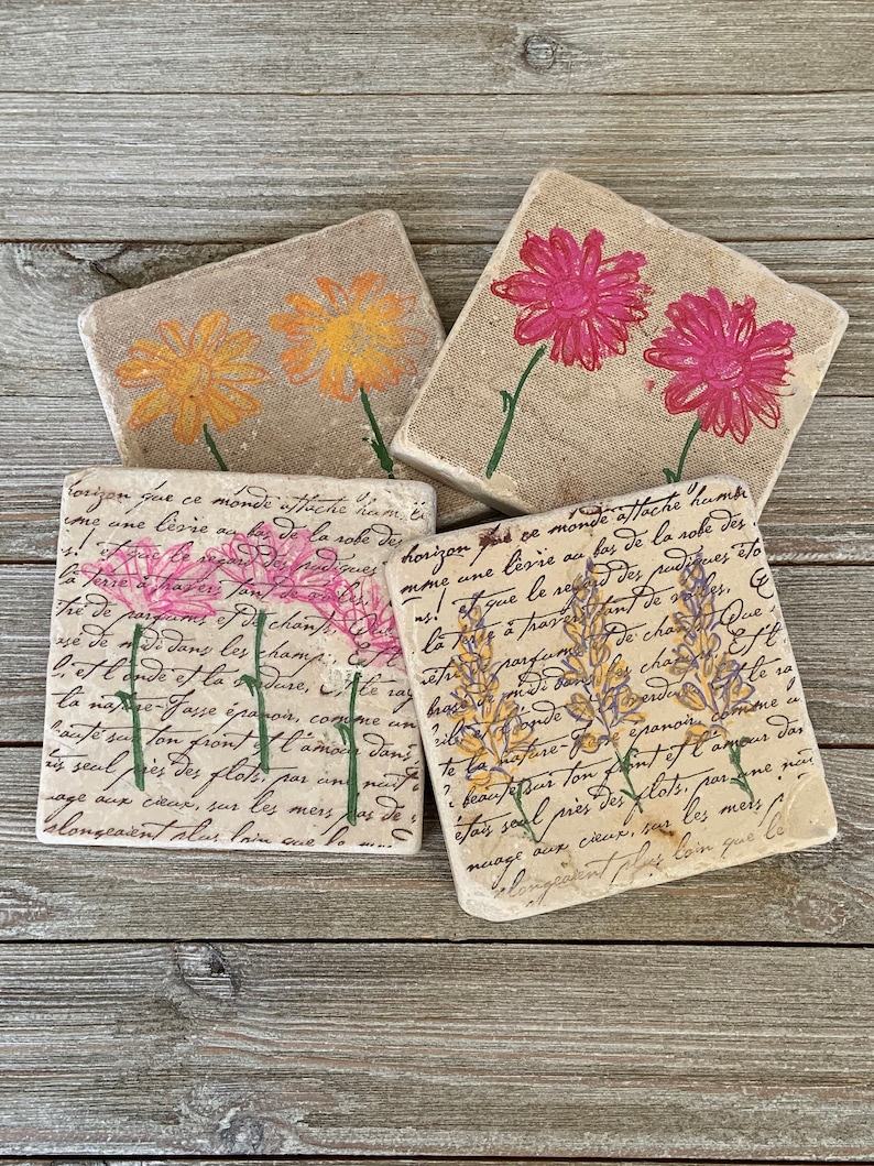 Farmhouse Hand Stamped Floral Tumbled Stone Tile Coasters - Set of 4 - Etsy