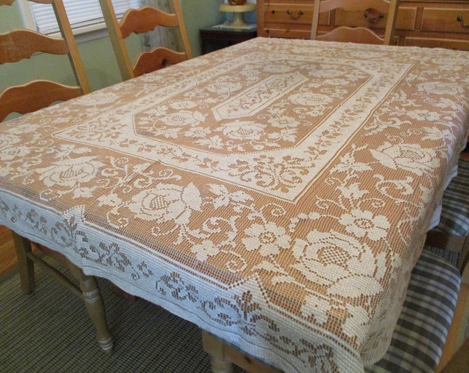 Vintage Quaker Lace Style Two Tone Tablecloth Oblong 55" W X 68" L ...