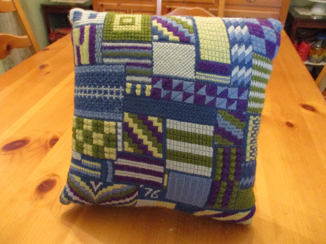 Vintage Completed Bargello Needlepoint Pillow Sampler Dated '76 13 Blue Corduroy Back Tightly ...
