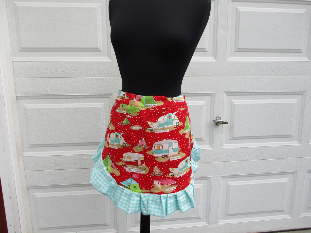 Glamping Red Tents and Trailers Half or Waist Apron, Gingham Ruffle in ...