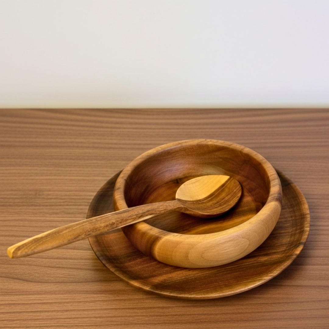 Walnut Wood Bowl Set With Serving Plate ,spoon 14cm Rustic Wooden Soup ...