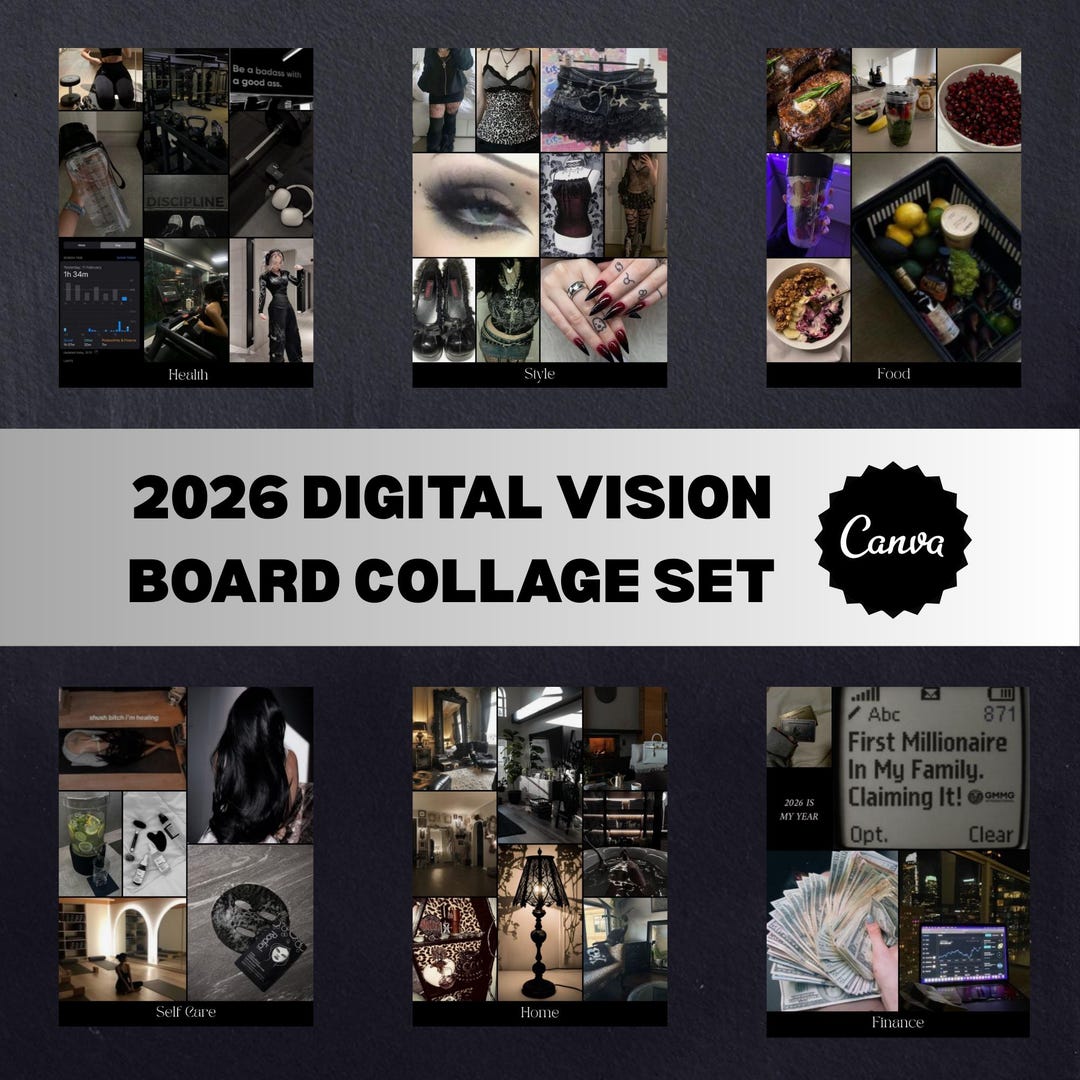 Black 2026 Digital Vision Board Template Collage Set New Year's ...