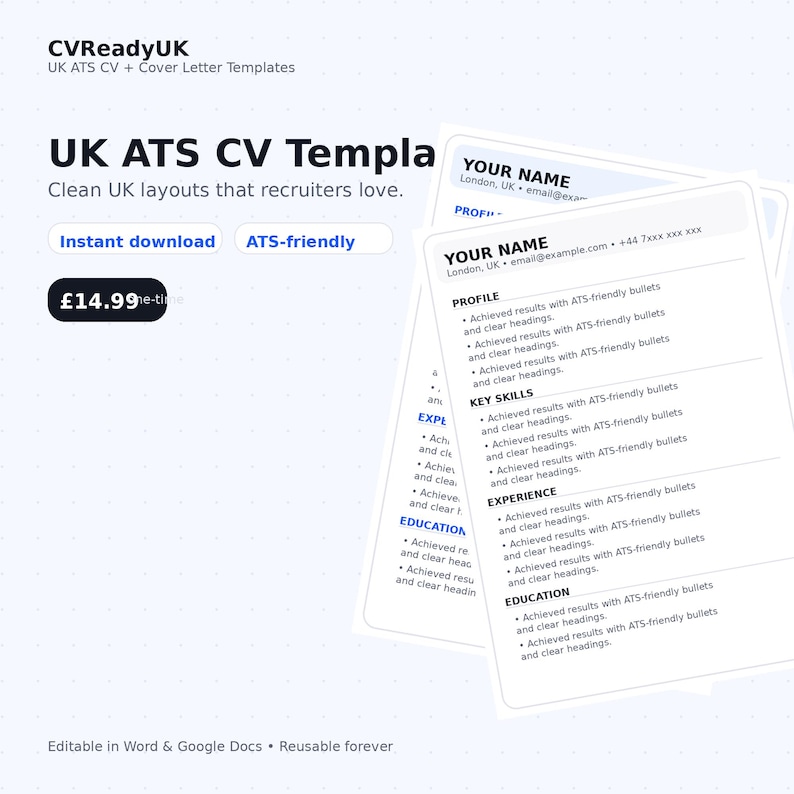 UK ATS CV & Cover Letter Templates Bundle | Word + Google Docs ...