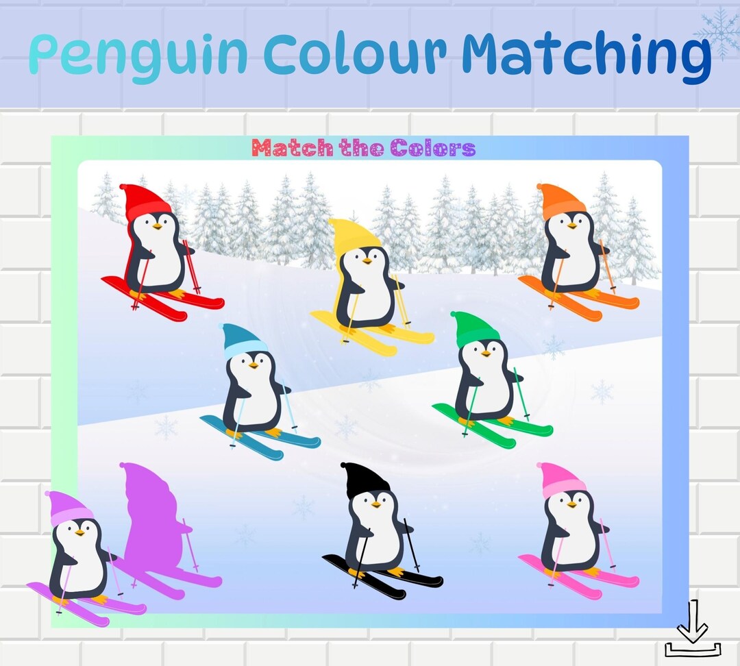 Skiing Penguin Color Matching Worksheet, Winter Preschool Game -digital ...