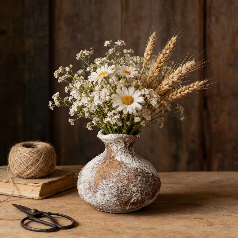 Rustic Stone Textured Ceramic Vase With Dried Flower Bouquet, Wabi-sabi ...