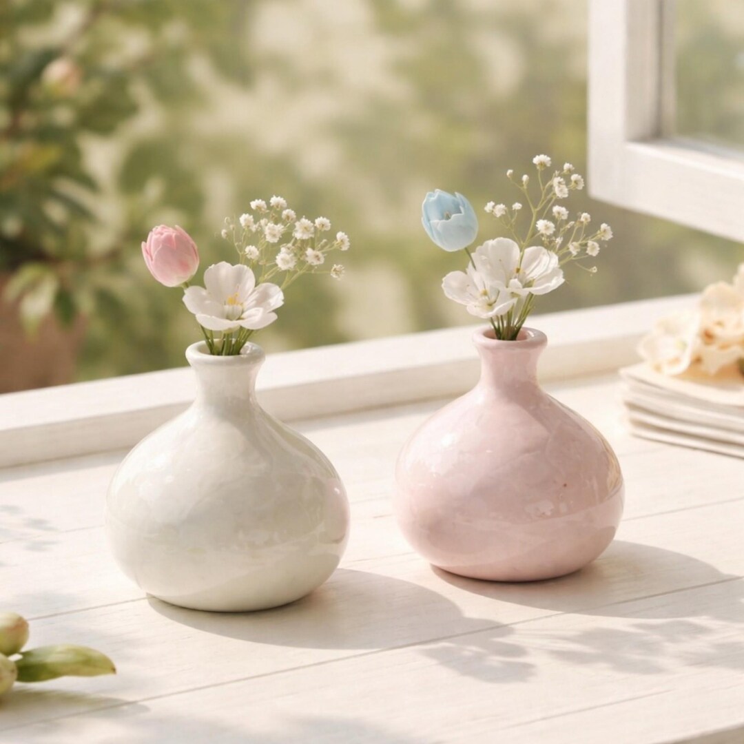 Mini Floral Ceramic Bud Vase, Aesthetic Pastel Pink & White Porcelain ...