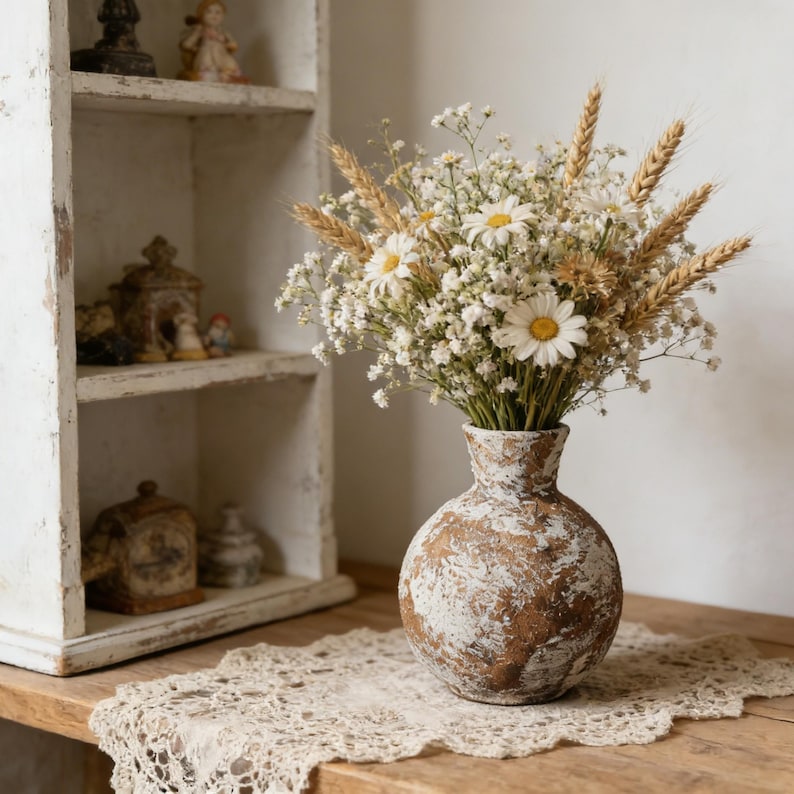 Rustic Stone Textured Ceramic Vase With Dried Flower Bouquet, Wabi-sabi ...
