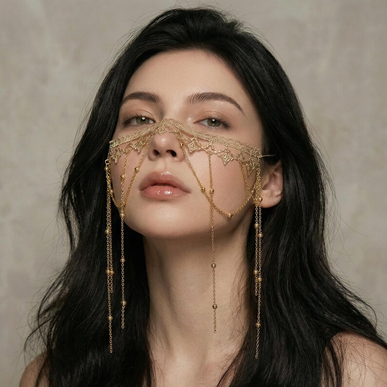 Gold Face Chain Veil Jewelry, Elven Nose Chain Veil, Boho Goddess Face ...